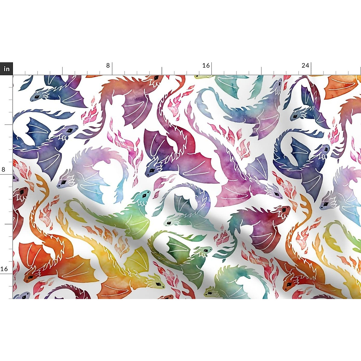 Spoonflower Fabric - Dragon Fire Rainbow Cute Fantasy Watercolor Fairy Tale Flying Printed on Polartec(R) Fleece Fabric Fat Quarter - Sewing Blankets Loungewear and No-Sew Projects