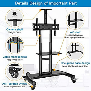 Rolling/Mobile TV Cart with Wheels for 32-75 Inch LCD LED 4K Flat Screen TVs - TV Floor Stand with Shelf Holds Up to 100 lbs, Height Adjustable Trolley Max VESA 600x400mm- PSTVMC05