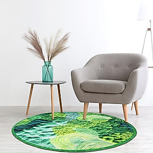 Lifup Green Moss Area Rug, Soft Botanical Print Shag Round Rug Carpet, Non Slip Washable Boho Area Rugs for Living Room Bedroom Decor Green 6 3.3 x 3.3 Feet