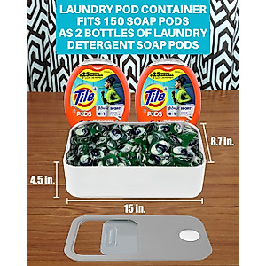 Skywin Large Laundry Pods Container with Slide Lid, Laundry Pod Holder 15 x 8.7 x 4.5 In, Holds 11 Pounds OR 120-150 Pods, Laundry Pod Container, Dishwasher Pods Container (White)