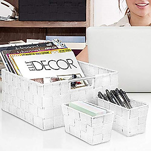 Sorbus Storage Box Woven Basket Bin Container Tote Cube Organizer Set Stackable Storage Basket Woven Strap Shelf Organizer Built-In Carry Handles (White)