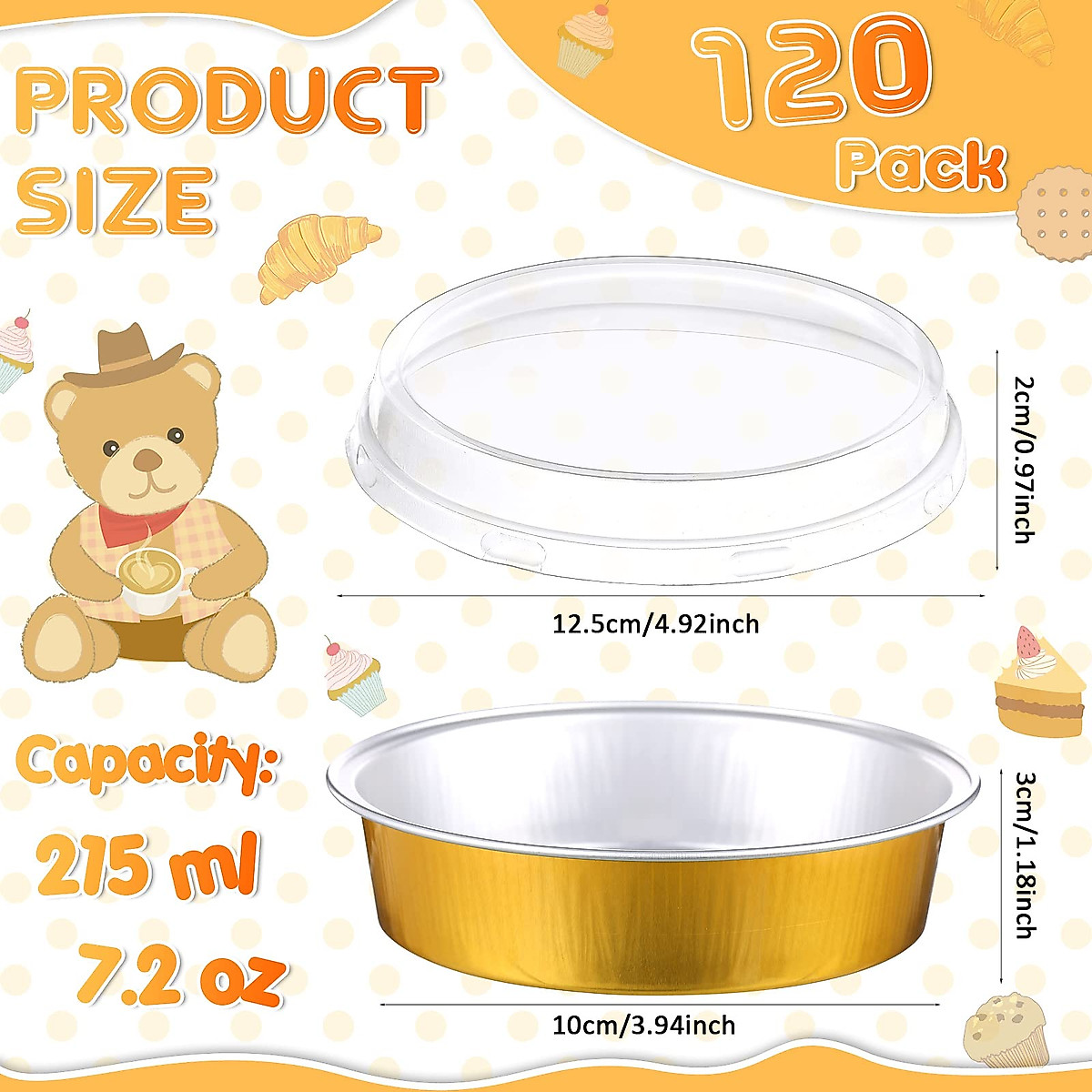 120 Pcs Disposable Ramekins with Lids, 8 oz Mini Pie Tins Mini Pie Pans 4 Inch Creme Brulee Ramekins Mini Cake Pans Aluminum Foil Pie Container Tin Tart Pans for Party Oven Baking(Gold)