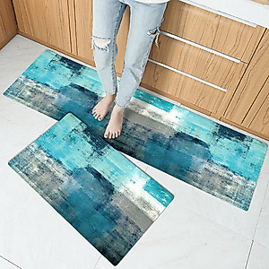AILUER Kitchen Rug Set,Set of 2 Turquoise Modern Art Kitchen Rugs and Mats,Teal Non-Slip Kitchen Rugs for Kitchen Dining Room Laundry (Turquoise Rugs, 17"x29.5"+17"x47")
