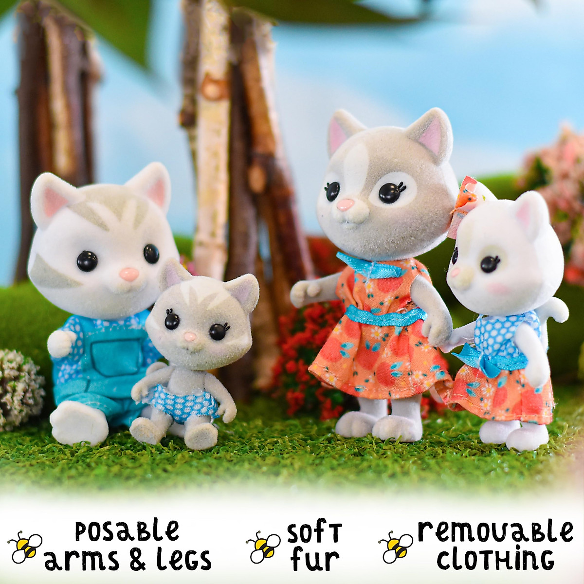 Honey Bee Acres The Purringtons Cat Family, 4 Miniature Doll Figures, Small
