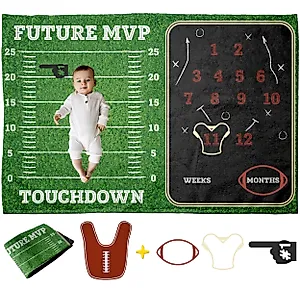 Pavo Premium Football Milestone Blanket for Baby Boys - Includes 3 Exclusive Frames - Personalized Monthly Baby Milestone Blanket for Newborn Ultra-Soft and Cozy 60"x40" Keepsake