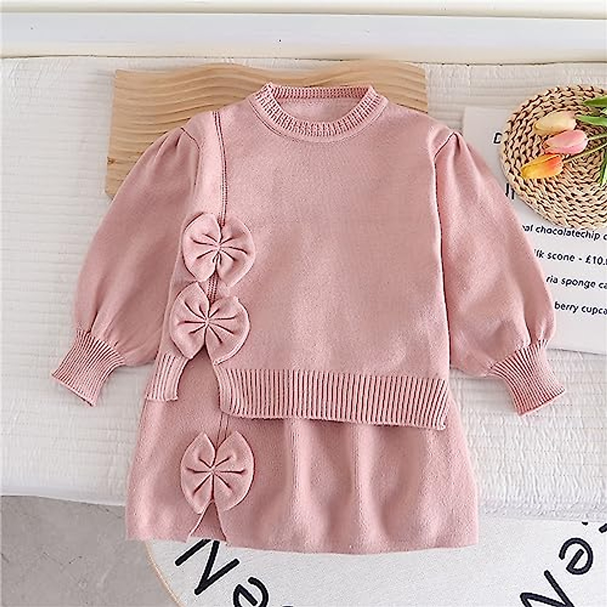 AwarFy Infant Toddler Girls Long Sleeve Sweet Bow Sweater Two Piece Set Fashion Preppy Knit Two Dresses (RD2#7, 5-6 Years)