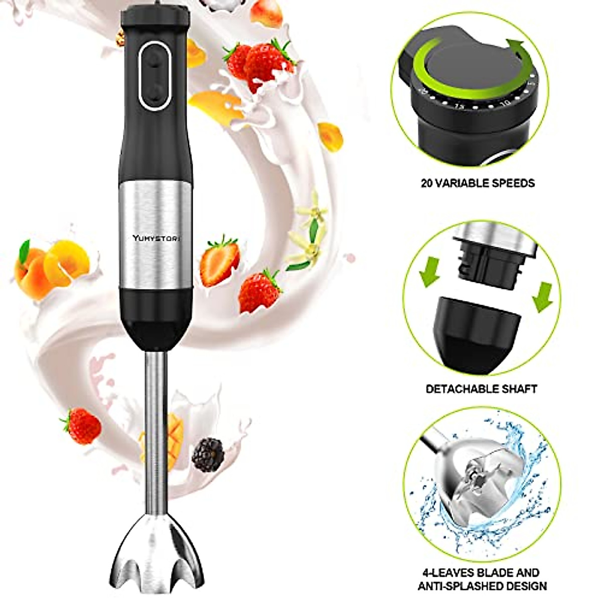 Immersion Blender 7 in 1 Hand Blender Ice Chopper 800W Heavy Duty Motor, 20 Speed and Turbo Mode Handheld Blender Stainless Steel Blade with Ice Crush Blade, Storage Bracket, 500ML Chopper, 600ML Mixing Beaker, Whisk, Milk Frother