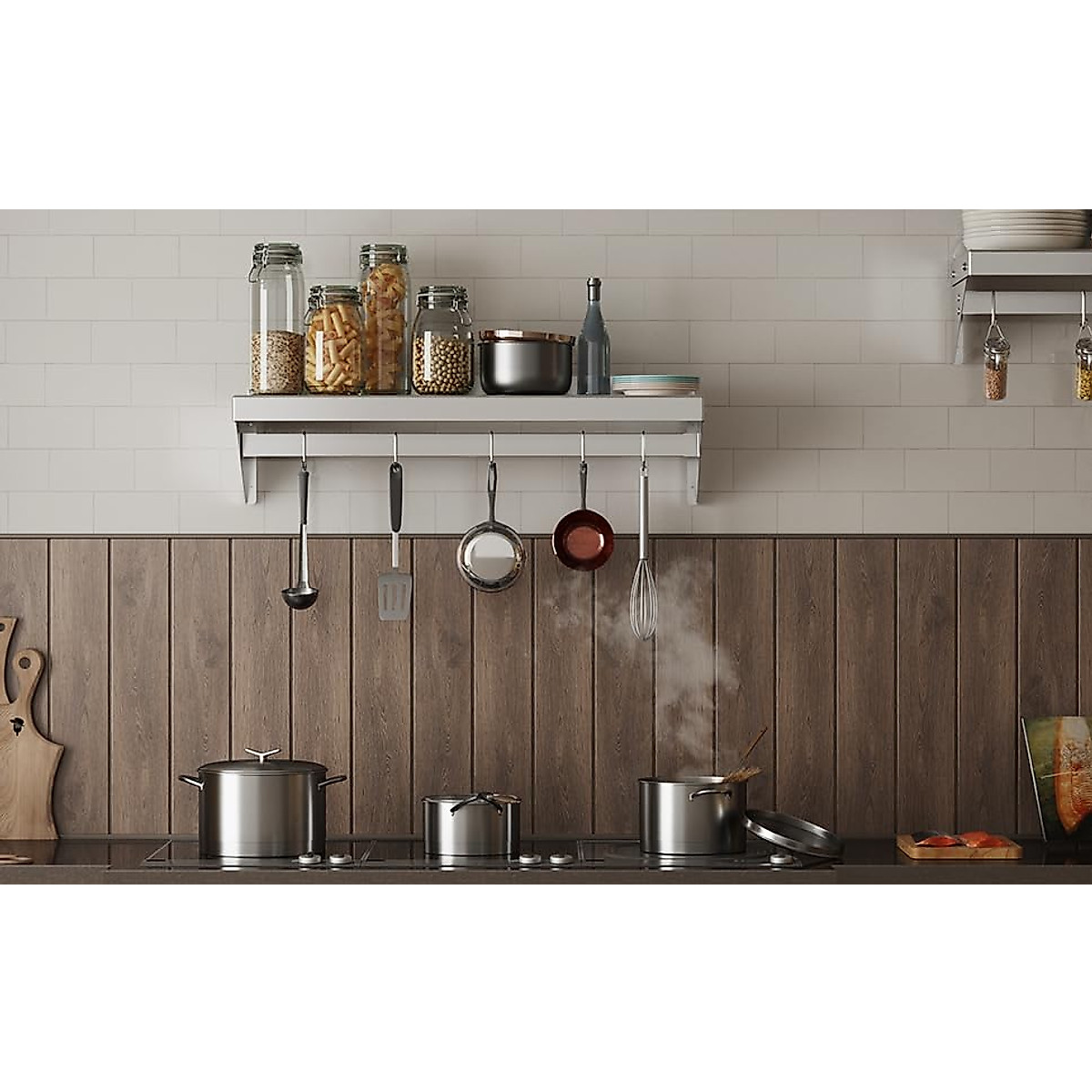 KYBOLT 12"x60" Stainless Steel Shelf,Multifunctional Metal Wall Mounted Shelf,Stainless Steel Kitchen Shelf with 2 Stainless Steel Backsplashs and 7 Hooks