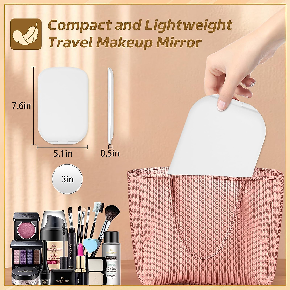 Woltechz Rechargeable Travel Makeup Mirror with Light, 10X Magnifying Mirror, 3 Color Lighting, Dimmable Touch Screen, Portable Ultra Slim Folding Lighted Makeup Mirror