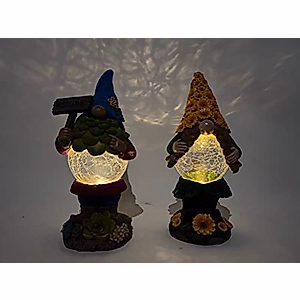Koncenttop S/2 Gnomes Garden Outdoor Figurine Lights Decor, Solar Light Gnomes Stuatues Yard Decoration, Resin Gnome Figurine Gnome Lady with Sunflower Hat, Outdoor Pation Decor, Gome Gift,Yard Decor
