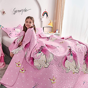 Quilt Set Twin Size Girls Quilt Bedding Twin Quilts Girls Kids Quilt Bedspreads Coverlet Pink Unicorn Bedding Girls Lightweight Reversible Quilts Set Bedding Girls Pink Quilt with Pillow Shams