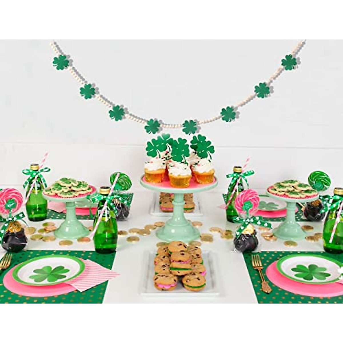 St Patrick’s Day Banner - Shamrock Wooden Beads for Home Decor, Felt Green Lucky Clover Banner with Wooden Beads, Shamrock Banner, Clover Garland, For St Patrick’s Day Spring Wedding Shower Decoration