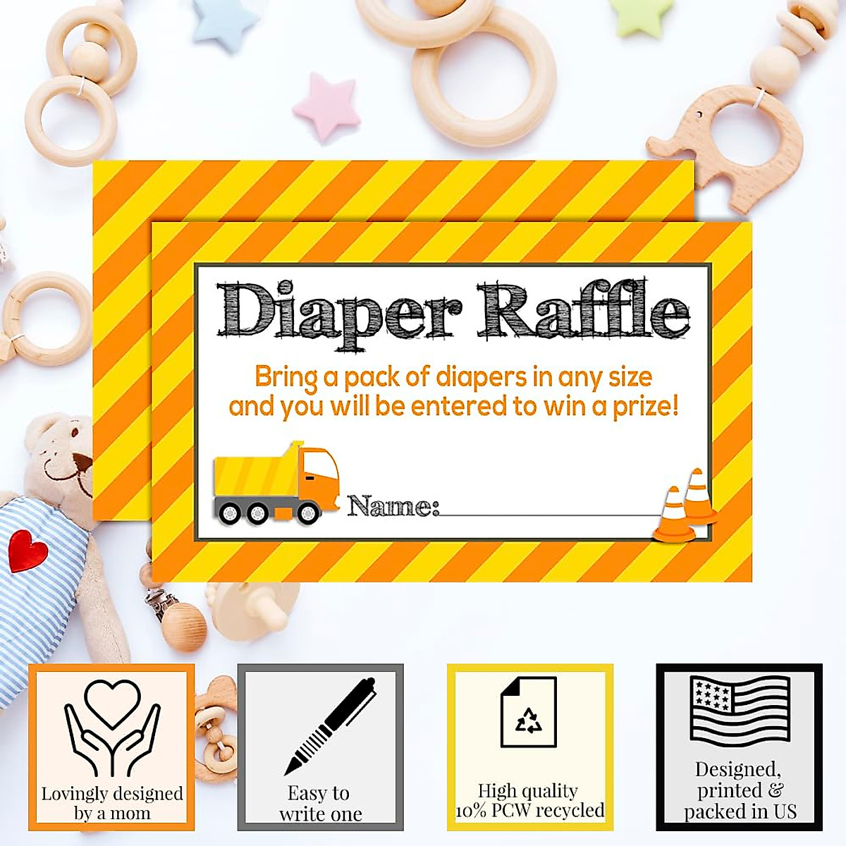 Amanda Creation Baby Under Construction Diaper Raffle Tickets for Baby Boy Showers, 20 2" X 3” Double Sided Insert Cards for Games, Bring a Pack of Diapers to Win Favors & Prizes!