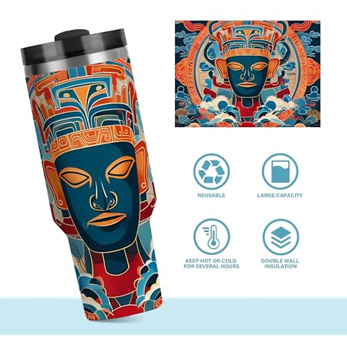Nexawaveo 30oz 40oz Mythical Sanxingdui Ornament Dark Stainless Steel Vacuum Insulated Tumbler with Lid and Straw for Water, Iced Tea or Coffee, Smoothie Travel Mug