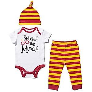 Harry Potter Newborn Baby Boys 3 Piece Outfit Set: Cuddly Bodysuit Pants Hat White/Multicolor 0-3 Months