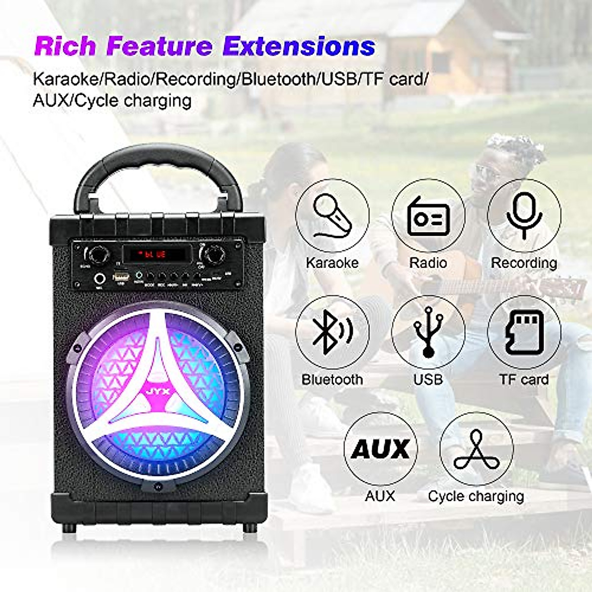JYX Portable Bluetooth Speaker with Light, Support FM Radio, MIC Input, REC, USB/TF Card, AUX in, Perfect for Party/Meeting
