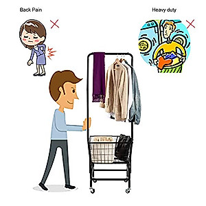 Rolling Laundry Hamper Basket Cart with Wire Storage Rack and Hanging Rack Black