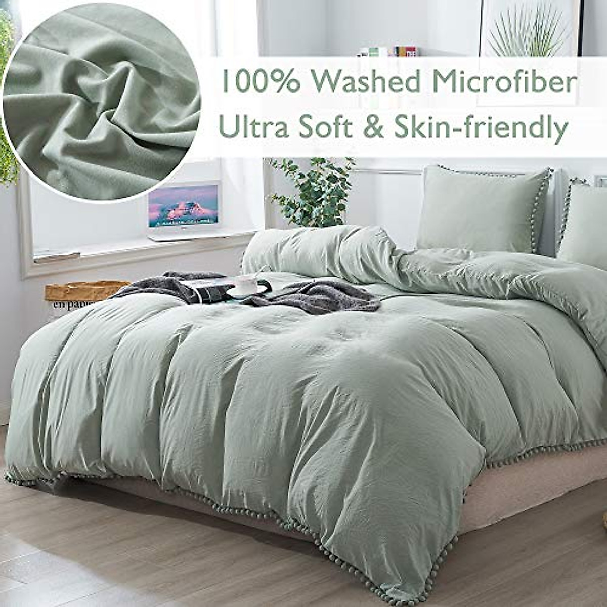 Andency Pom Pom Fringe Duvet Cover Queen Size (90x90 Inch), 3 Pieces (1 Solid Sage Green Duvet Cover, 2 Pillowcases) Soft Washed Microfiber Duvet Cover Set with Zipper Closure, Corner Ties