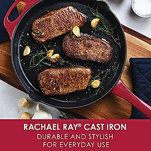 Rachael Ray Enameled Cast Iron Skillet/Fry Pan with Pour Spouts, 12 Inch, Red Shimmer