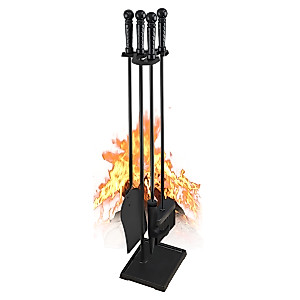 FEED GARDEN Fireplace Tools Set Modern Indoor Outdoor Wrought Iron Fireplace Accessories Set Included Poker, Shovel, Brush, Base