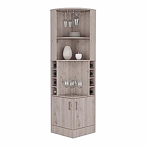 DEPOT E-SHOP Egina Corner Bar Cabinet with Two External Shelves, Glass Holder, Eight Exterior Bottle Racks, Central Shelf, Lower Drawer with Two Side Doors, 71" H, Light Gray, Living Room