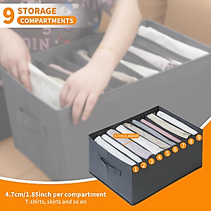 BIGLUFU 6 Packs Wardrobe Clothes Organizer for Folded Clothes, 9 Grids Foldable Dresser Closet Organizers and Storage, Drawer Organizers for Clothing with Handles for Jeans, Sweater, Dress, Grey