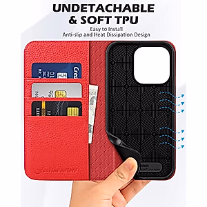 SHIELDON Wallet Case for iPhone 14 Pro 2022, Genuine Leather Folio Case Magnetic Closure RFID Blocking Card Slots Kickstand Full Protection Case Compatible with iPhone 14 Pro 6.1" - Litchi Grain Red