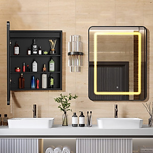 APRILSOUL 16X24 Inch Black Bathroom Medicine Cabinet with Mirror, Recessed or Surface Lighted Medicine Cabinet with 3 Colors Temperature, Dimmable Light