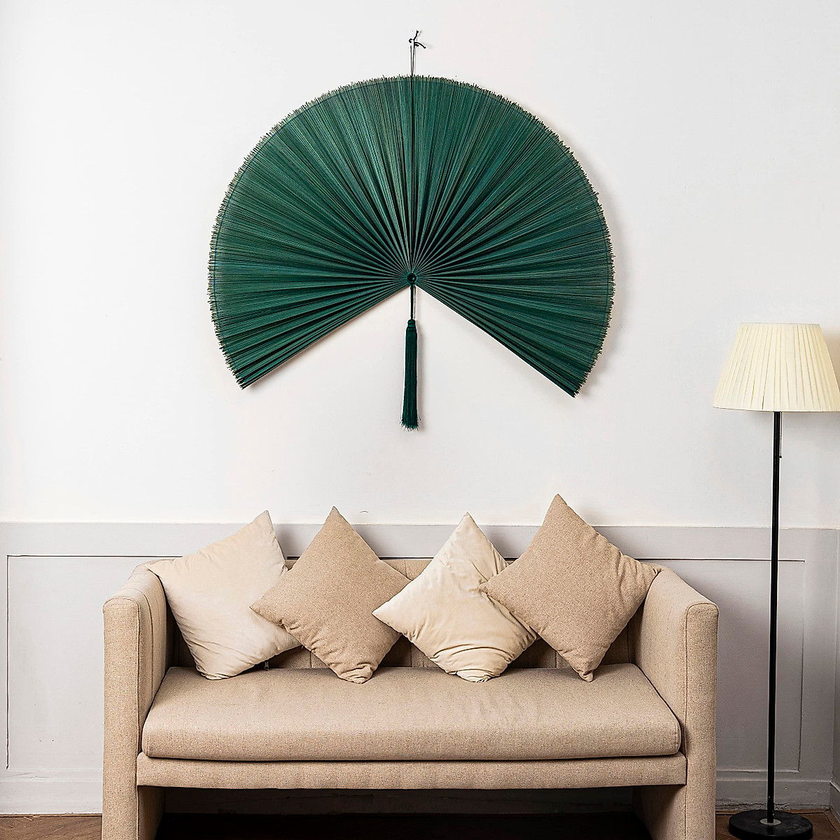 KOLWOVEN Rustic Fan - Bedroom Wall Decor Above Bed -Giant Bamboo Fan - Over Bed Wall Decor- Beautiful Wall Art for Apartment, Room, Home Decoration (Extra Large 47''x24'', Dark Teal)