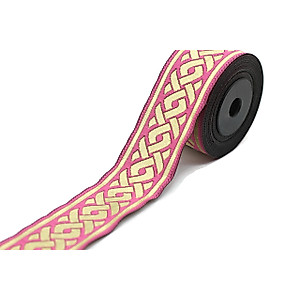 11 Yards Spool 1.37" Pink & Gold Celtic Knot Jacquard Ribbon Sewing Trim Upholstery Fabric Costume Embellishment Woven Trimming 35069