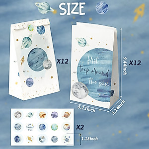 GROBRO7 26Pcs First Trip Around The Sun Space Party Favor Bag with Stickers Solar System Goodie Bags Paper Treat Bag Present Candy Planet Gift Bags Party Supplies for Boy Girl 1st Birthday Baby Shower