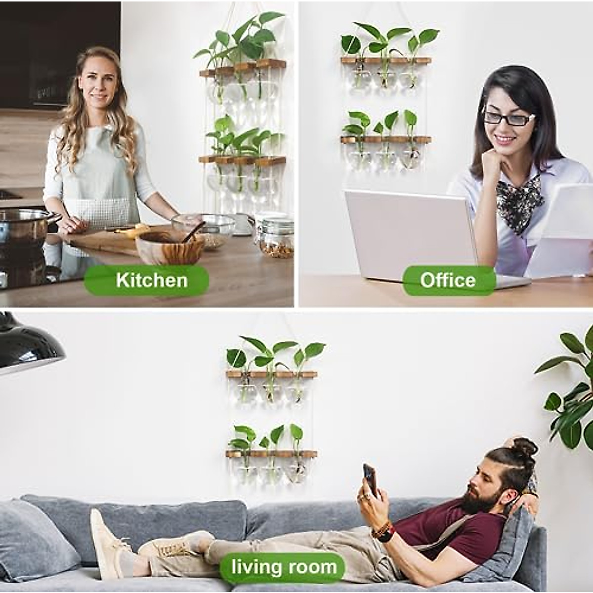 RENMXJ Wall Hanging Plant Propagation Station - 6 Bulb Vase 2 Tiered Wooden Stand Plant Terrarium kit,Home Office Bathroom Kitchen Decor,Wall Planters for Indoor Plants,Gardening Gifts for Women