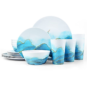 Aclema Melamine Dinnerware Sets 16 Pcs Dish Set Plates Bowls Cups Unbreakable for Kitchen Dinner Outdoor Indoor Service for 4