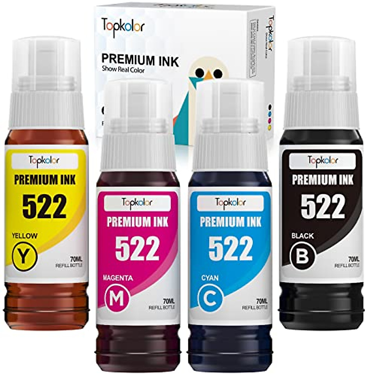 Topkolor Compatible Ink Bottle for 522 T522 Refill Ink for ET-2720 ET-2800 ET-2803 ET-2710 ET-4700 ET-4800 ET-1110 Printer, 4-Bottle