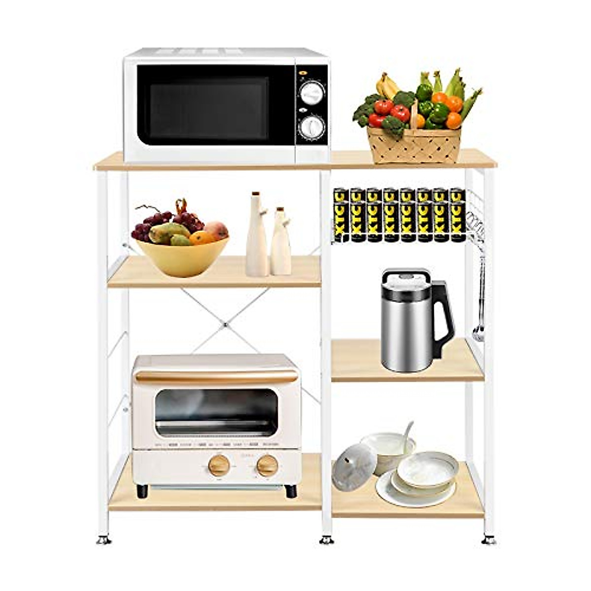 Baker's Rack 3 Tier Utility Storage Shelves with 5 Hooks Standing Storage Rack Floor Spice Rack Storage Shelf Organizer and Shelving Heavy Duty for Kitchens Microwave Living Room Bedroom (White)