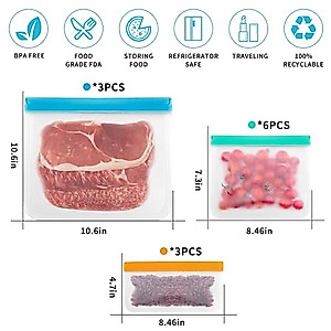 Reusable Food Storage Bags, 12 Pcs BPA Free Freezer Gallon Bags, Dishwasher Safe Reusable Sandwich Silicone Ziplock Bags, Extra Thick Leakproof Bags Silicone for Food Storage, Travel, Marinate Meats