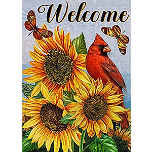 Covido Home Decorative Welcome Spring Summer Cardinal Sunflower Garden Flag, Yard Red Bird Outside Decoration, Fall Autumn Outdoor Small Burlap Decor Double Sided 12 x 18
