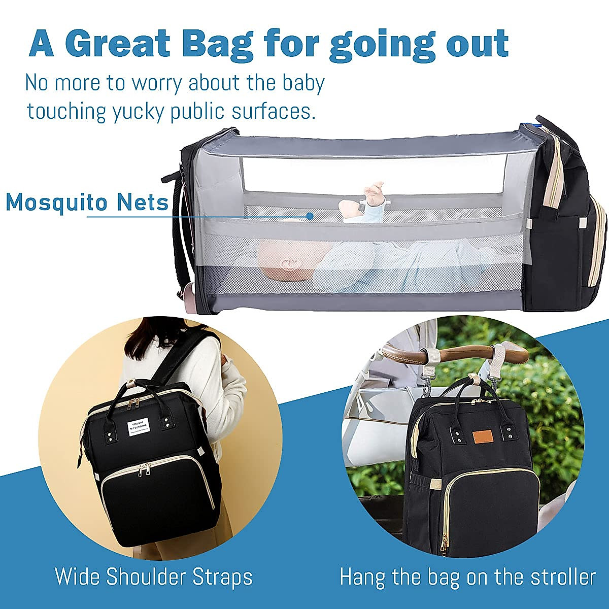 SALIFA Diaper Bag Backpack with Changing Station, Foldable Baby Diaper Bags Large Capacity Waterproof USB Charging Port, Mummy Bag for Baby Boy Girl, Black