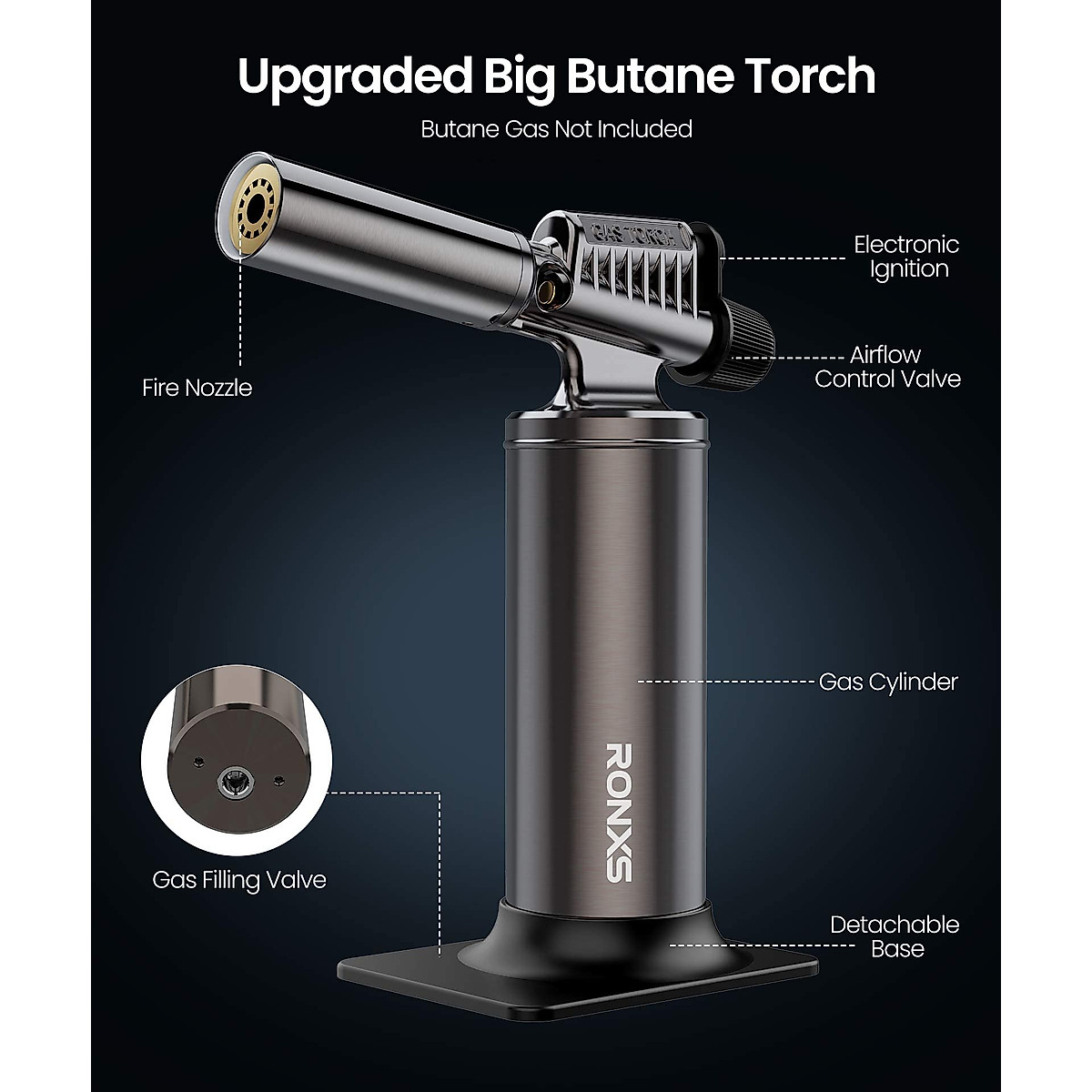 RONXS Butane Torch, Torch Lighter with 25g Large Gas Capacity, Refillable Blow Torch with Max 6'' Big Continuous Adjustable Flame, Industrial Soldering Torch for Cooking DIY Crafts (Gas Not Included)
