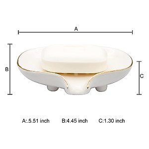 Polyroyal White Soap Dish Ceramic Self Draining Soap Dish Waterfall Slot Gold Edge Bathroom Accessories for Bathroom, Kitchen,Bar Counter