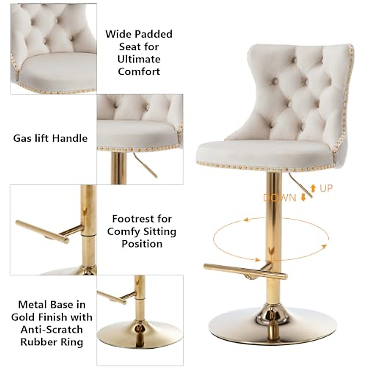 Aoowow Swivel Bar Stools Set of 2,Adjustable Barstools with Back Velvet Tufted Counter Stool Modern Upholstered Bar Chairs with Nailhead for Kitchen Island Restaurant Pub Counter (Beige-Gold)