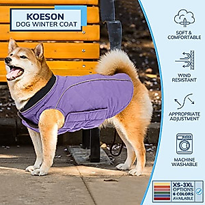 KOESON Windproof Dog Cold Weather Coat, Reflective Pet Winter Thick Warm Outdoor Jacket with Harness Hole, Comfy Cotton Apparel Padded Vest for Small Medium Large Dogs Purple 2XL