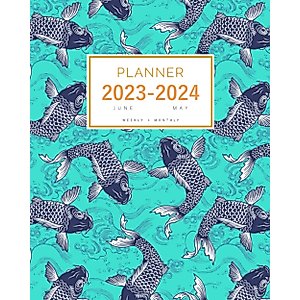 Planner 2023-2024: 8x10 Weekly and Monthly Organizer Large from June 2023 to May 2024 | Japanese Style Carp Fish Design Turquoise