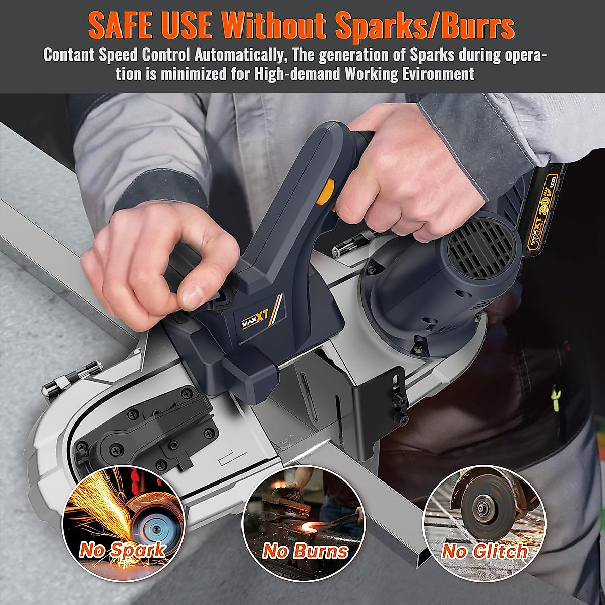 Bandsaw Cordless, MAXXT 2-1/2 inch Brushless Power Metal Bandsaw 20V MAX 2.5" Cutting Capacity 6 Speeds Adjustable, No Hot Sparks When Cutting Metal, Portable BandSaw for Deep Cut