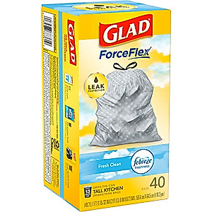 GLAD ForceFlex Tall Kitchen Drawstring Trash Bags, 13 Gallon Drawstring Trash Bag for Tall Kitchen Trash Can, Fresh Clean Scent to Eliminate Odors, 40 Count