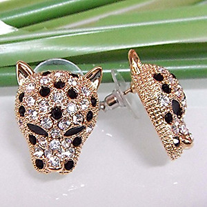 Navachi 18k Gold Plated Leopard Head White Black Crystal Az1146s Stud Earrings
