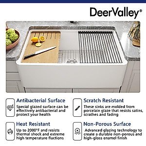 DeerValley 33 inch White Farmhouse Sink, Fireclay Farmhouse Kitchen Sink, Single Bowl Kitchen Sink, Front Apron Sink for Kitchen, Workstation Sink with Grid, Sink Strainer & Workstation Accessories