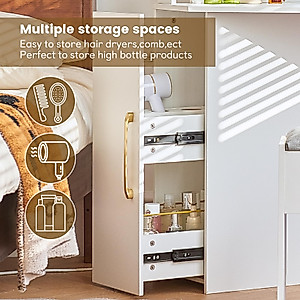 JanflyHome Vanity Desk, 57" Makeup Vanity Desk with Mirror and Lights, White Vanity Set with Charging Station & RGB Cabinets, Vanity Table with Storage Stool, Corner Vanity Desk for Girls Bedroom……