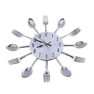 Kitchen Wall Decor, Stainless Steel Large 3D Mirror Modern Design Cutlery Kitchen Utensil Spoon Fork Wall Clock for Kitchen or Eating Area Decoration