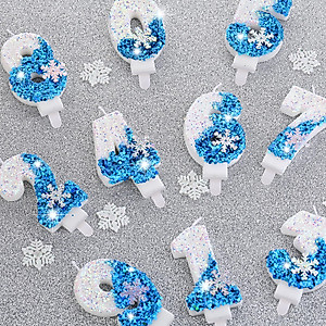 Herdear 2.8" Frozen Birthday Candles Snowflake Number Candles with 10 Pcs Long Thin Candles Blue Number 0-9 for Cake Topper Birthday Frozen Birthday Supplies(Number 4)
